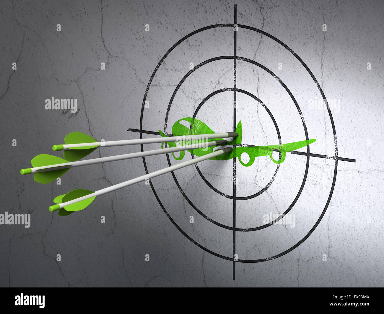 Travel concept: arrows in Airplane target on wall background Stock ...