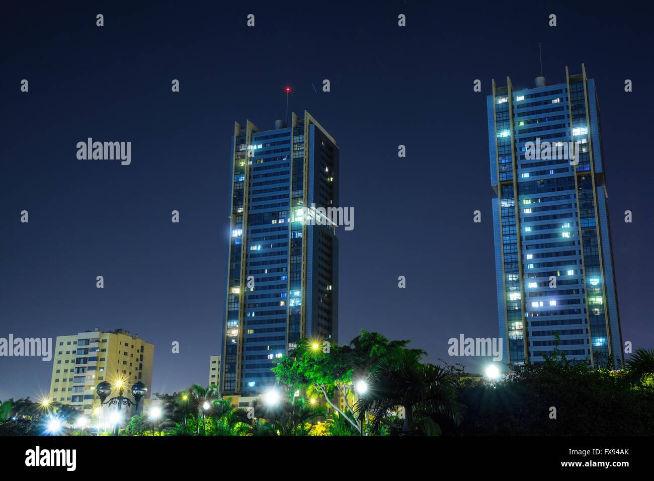 Wide angle night view of the Twin Towers of Santa Cruz de Tenerife ...