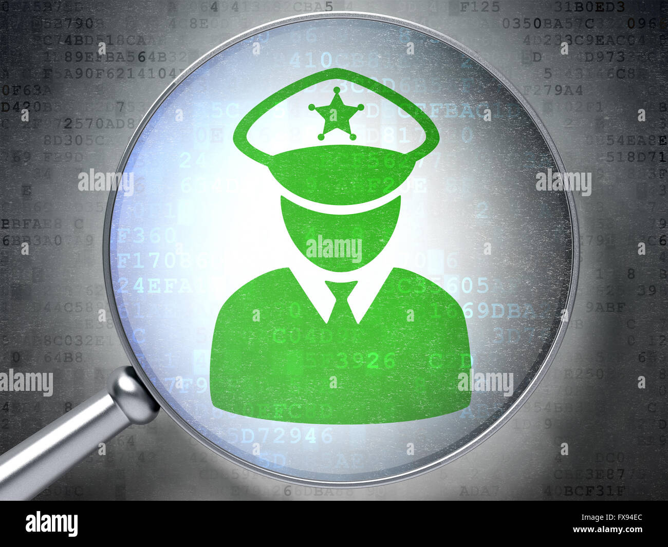 Protection concept: Police with optical glass on digital background ...