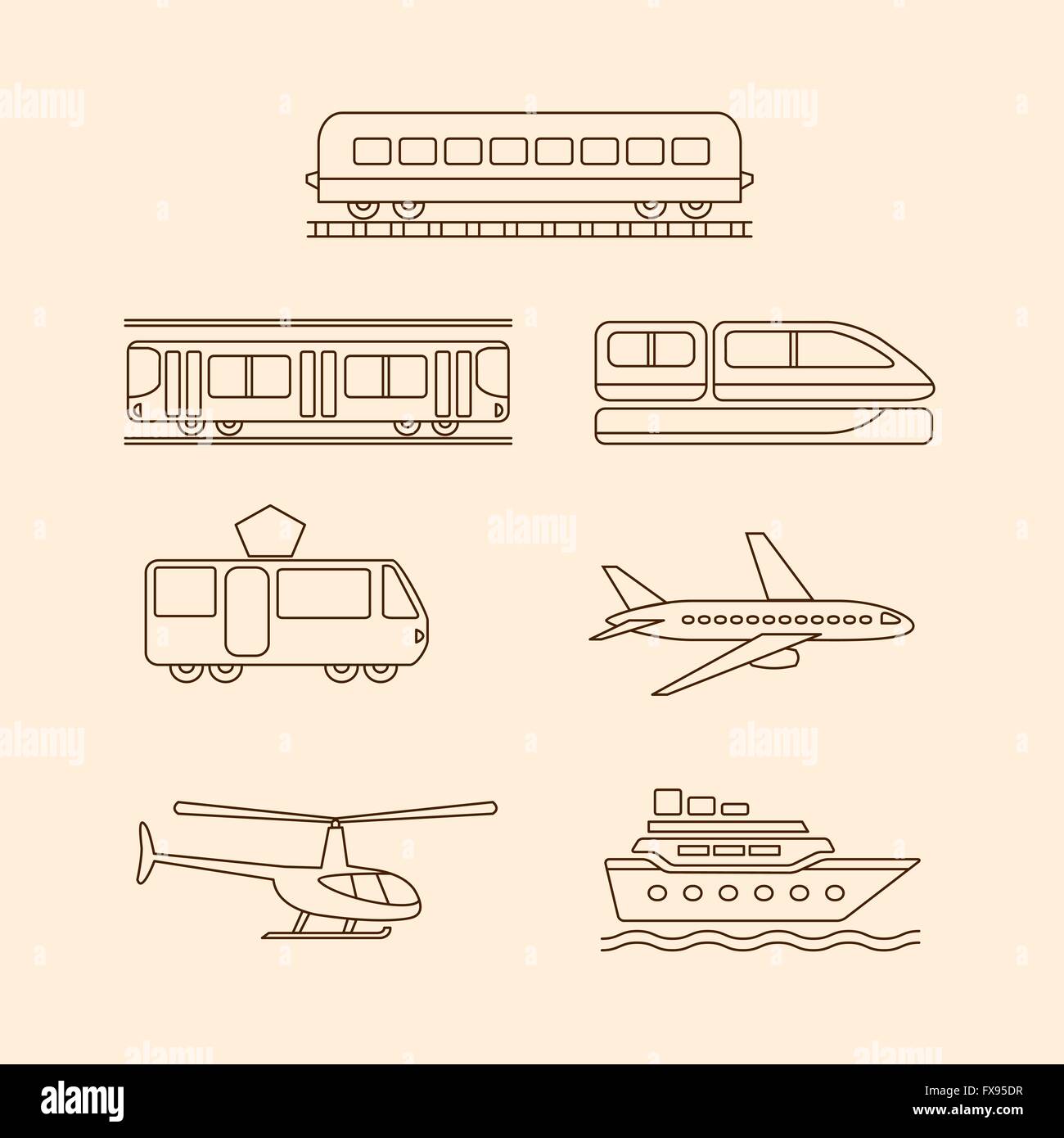 Transportation icons of tram, subway, train, airplane, helicopter, ship ...