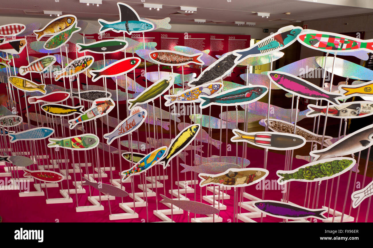 Stands with painted sardines at Millenium BCP museum during Lisbon ...