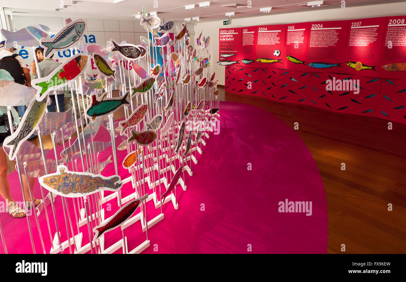 Stands with painted sardines at Millenium BCP museum during Lisbon ...