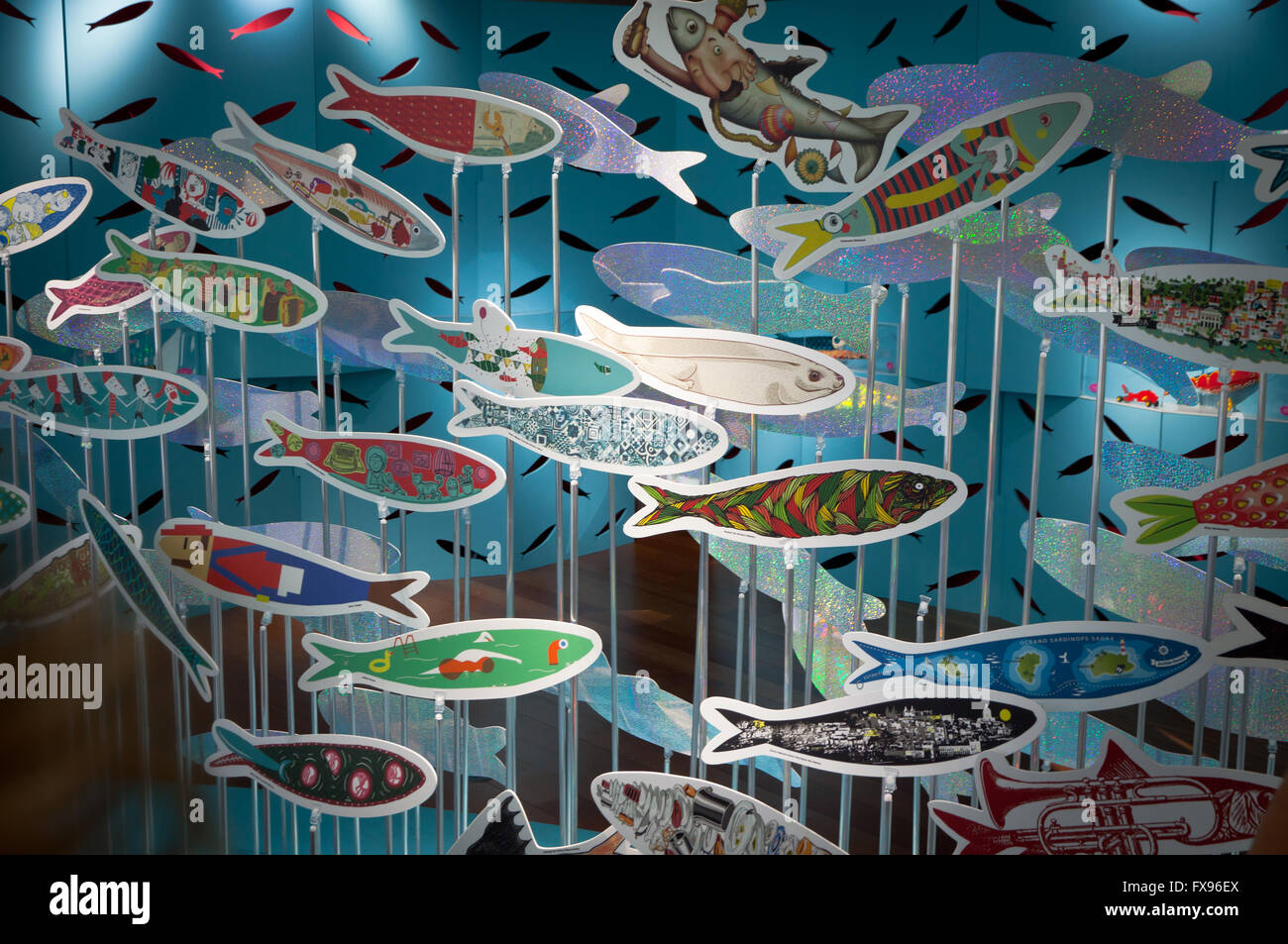 Stands with painted sardines at Millenium BCP museum during Lisbon ...