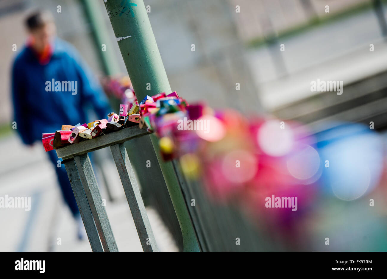 Hanover, Germany. 12th Apr, 2016. Locks attached to the railing at the ...