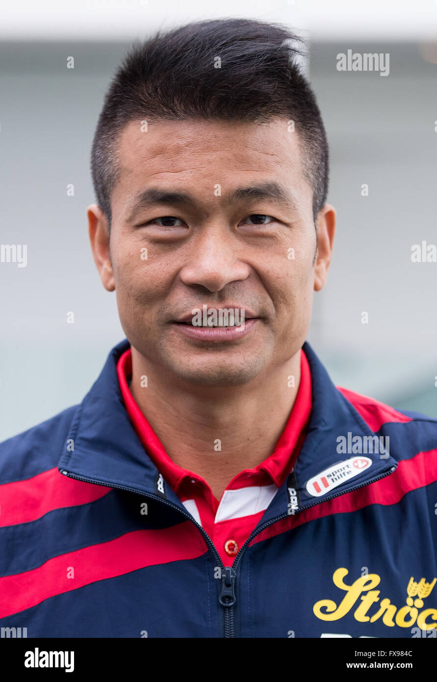 Munich, Germany. 12th Apr, 2016. Austrian table tennis player Chen Weixing poses during a media ...