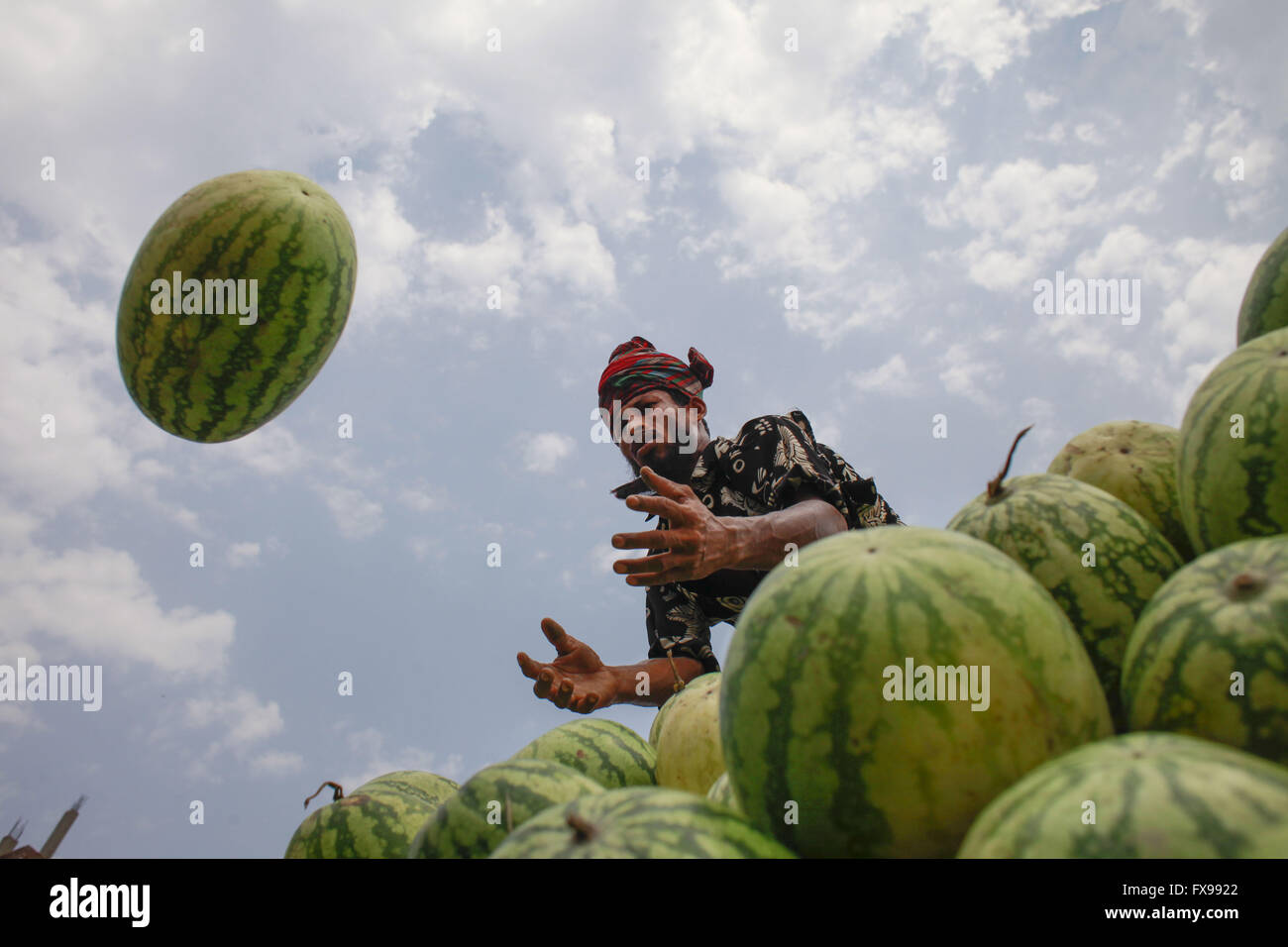 Dhaka, Bangladesh. 12th Apr, 2016. Bangladeshi laborers load watermelon ...