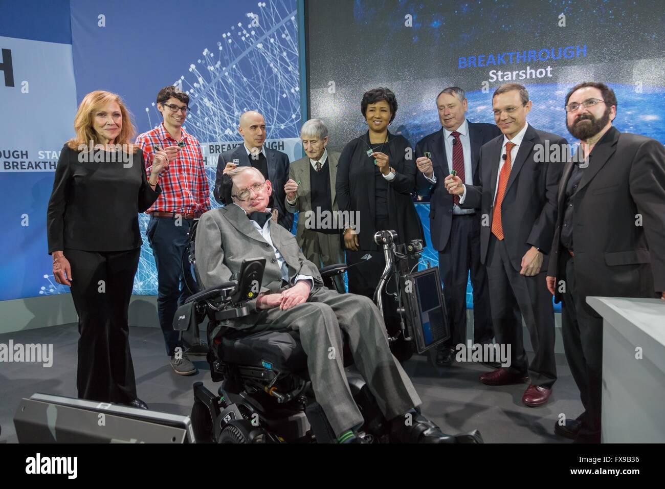 New York, USA. 12th Apr, 2016. Attendees pose with the "StarChip" at ...