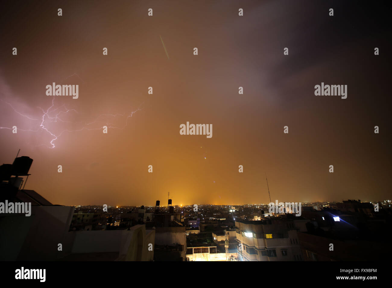 Gaza, Palestine. 10th Apr, 2016. Lightning is seen over Gaza City ...