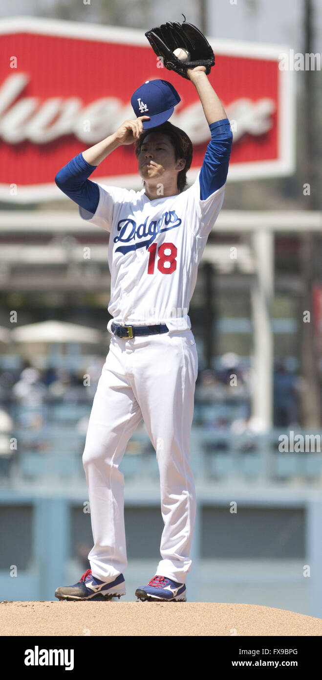 Los Angeles, CALIFORNIA, USA. 12th Apr, 2016. Pitcher Kenta Maeda #18 ...