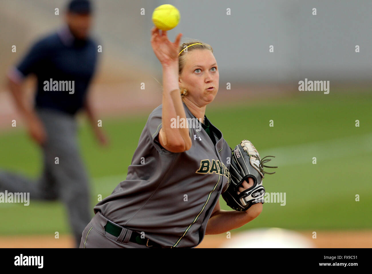 Houston, TX, USA. 12th Apr, 2016. Baylor pitcher Kendall Potts #1 ...