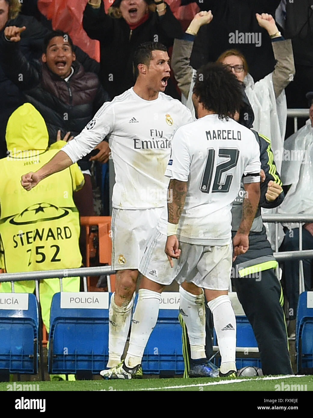 Madrid, Spain. 12th Apr, 2016. Cristiano Ronaldo of Madrid (L ...