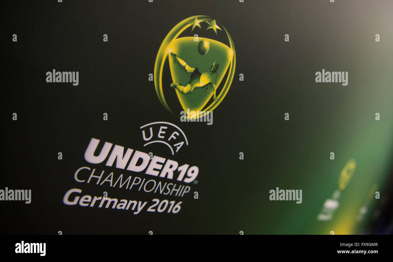 Stuttgart, Germany. 12th Apr, 2016. The logo of the U19 European soccer ...