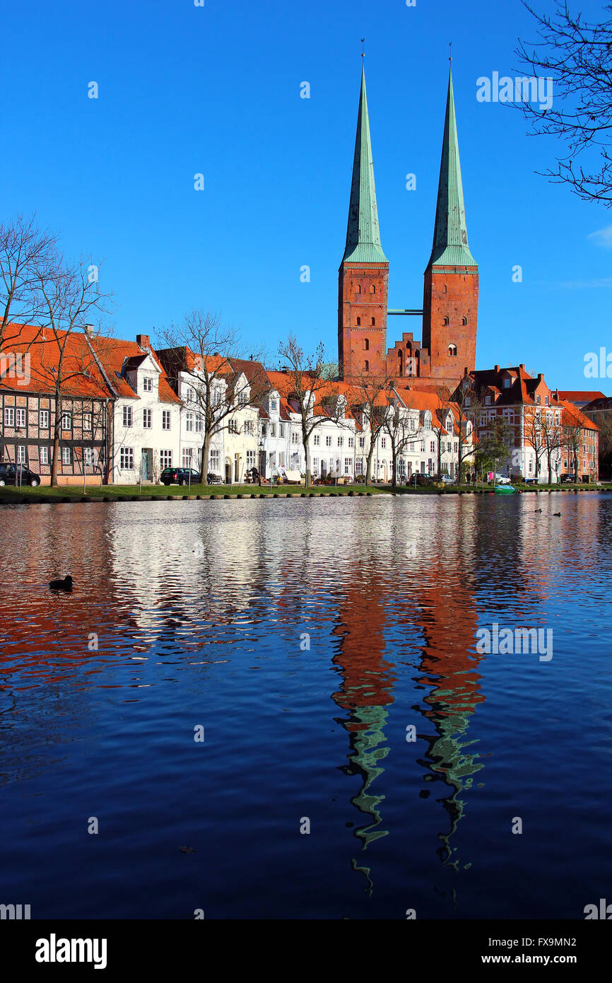 Lubeck old town with Lubeck Cathedral (Lubecker Dom) reflected in Trave ... Lubeck old town with Lubeck Cathedral (Lubecker Dom) reflected in Trave ...