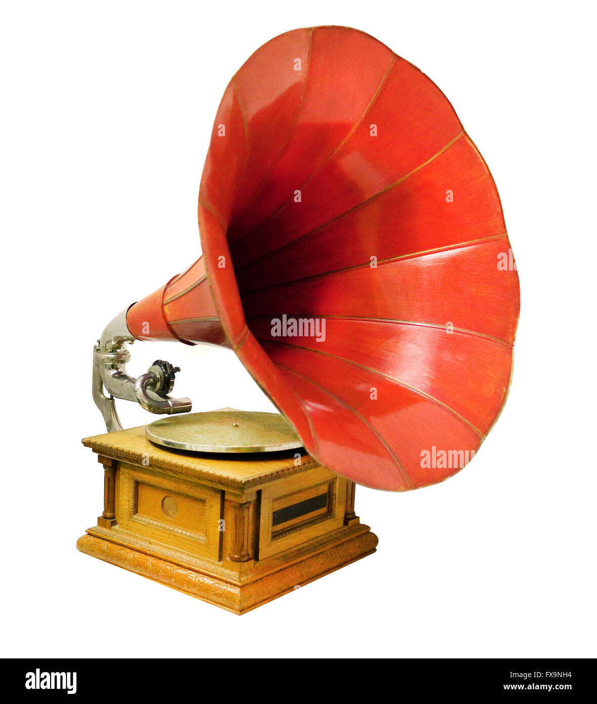 Vintage musical gramophone photographed closeup on a white background ...