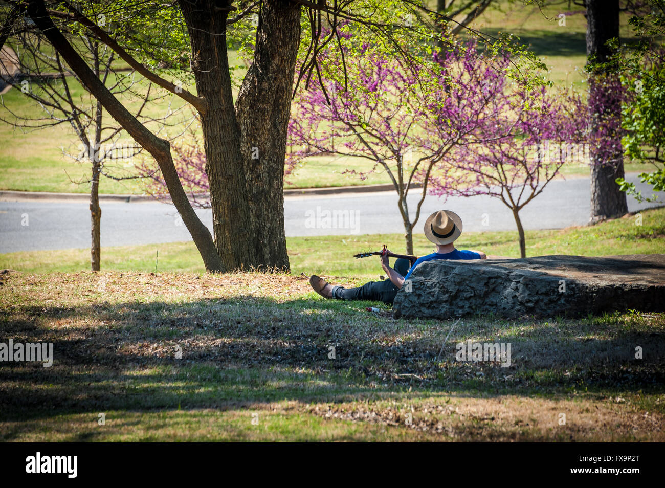 Guitar player enjoying a relaxing springtime afternoon at Honor Heights ...