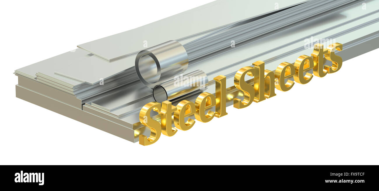 Steel sheets concept, rolled metal. 3D rendering Stock Photo - Alamy