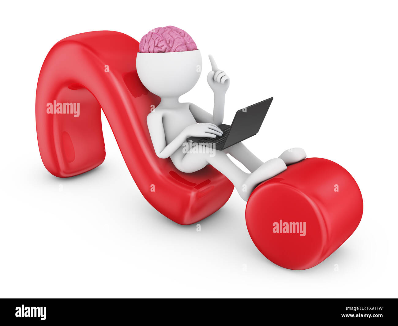 Man with laptop sitting on a question mark, 3d render Stock Photo - Alamy