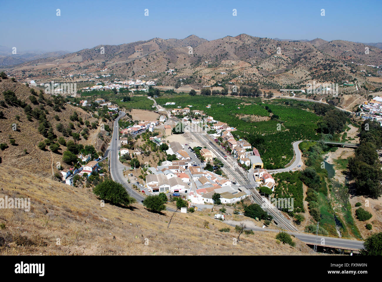 Elevated view of the railway station and surrounding countryside seen ...