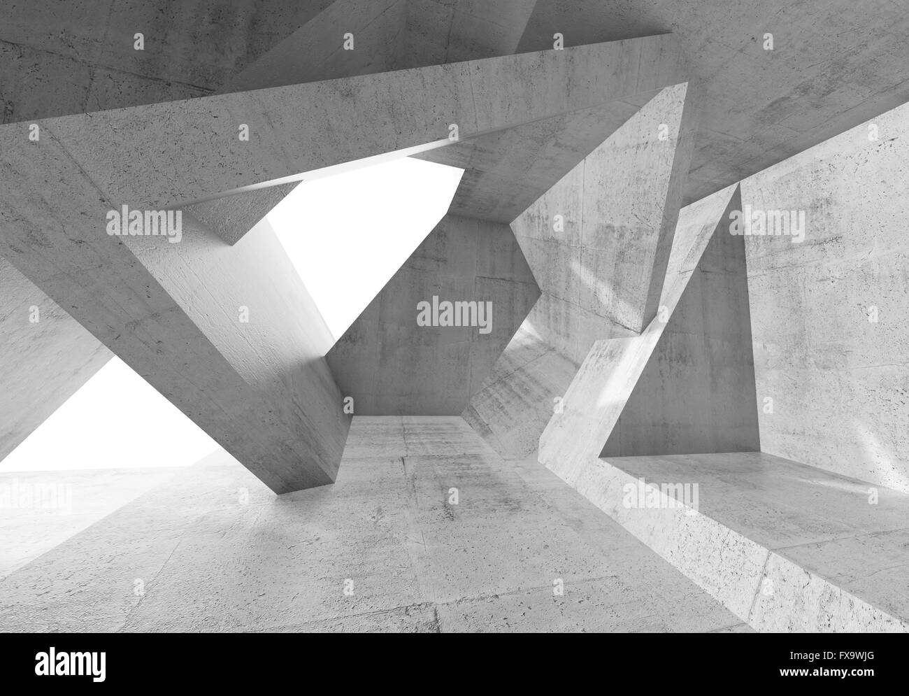 Abstract concrete interior with windows and chaotic columns structures ...