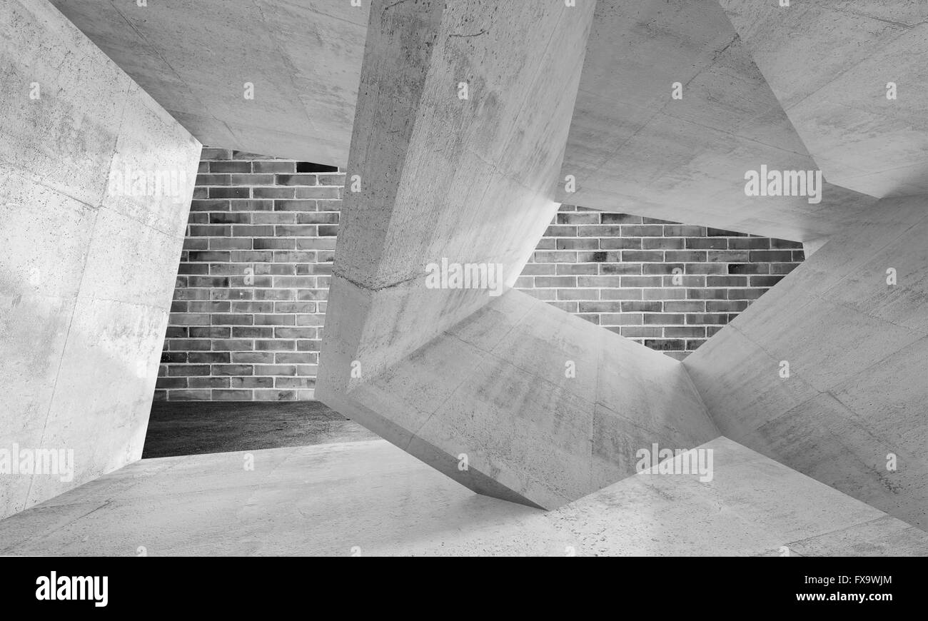 Abstract concrete interior with chaotic structures over dark gray brick ...