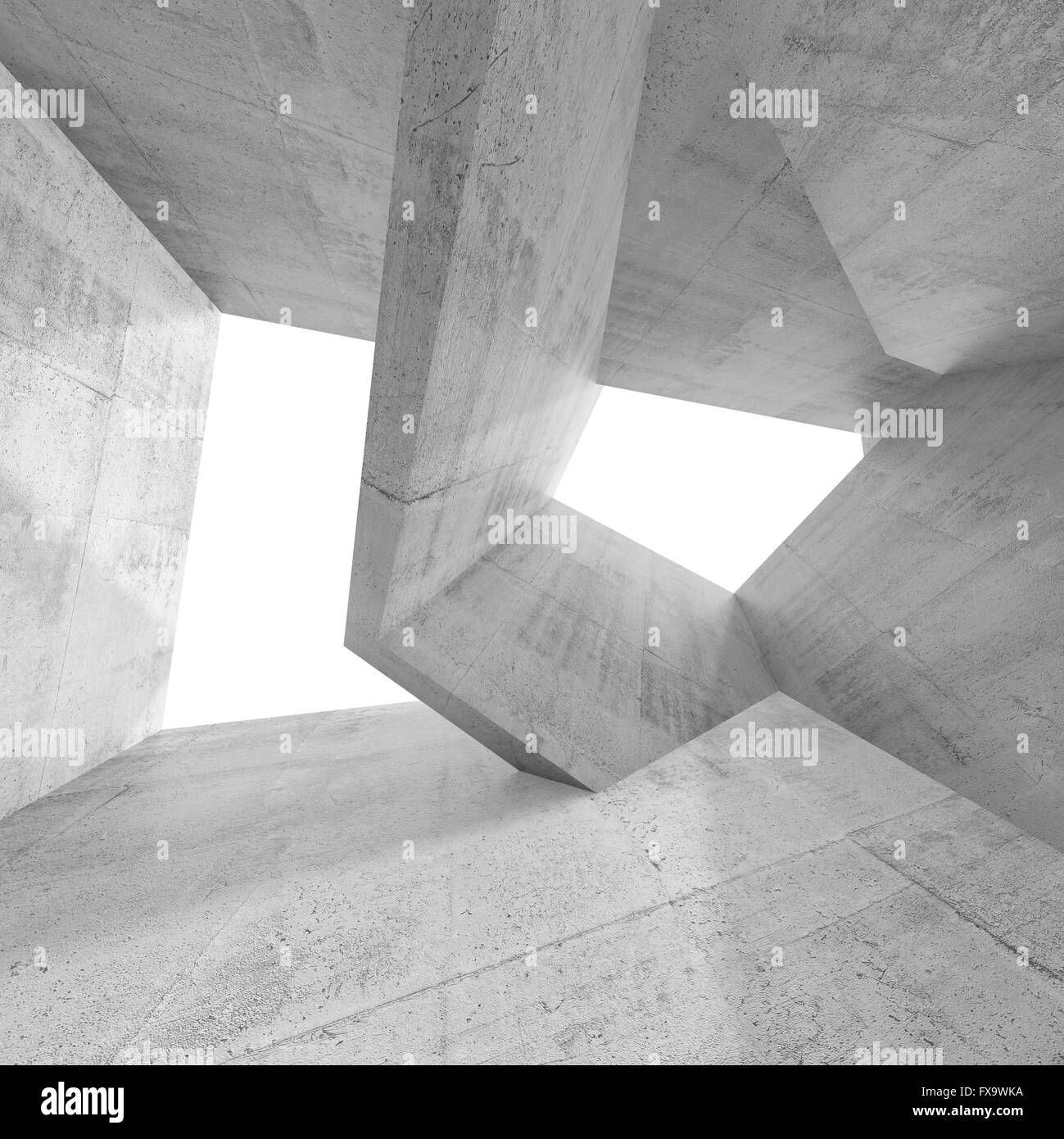 Abstract empty concrete interior design with windows and chaotic ...