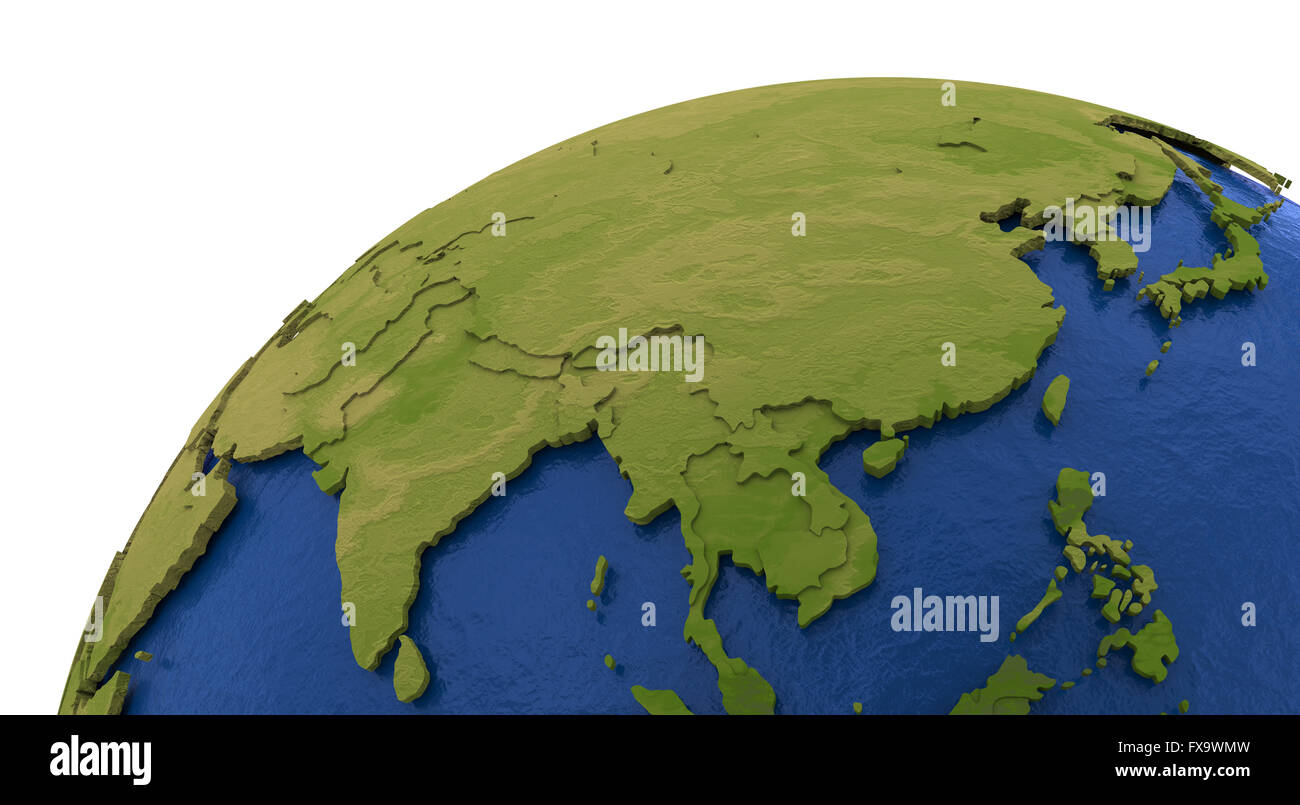 Asia on detailed model of planet Earth with visible country borders on ...