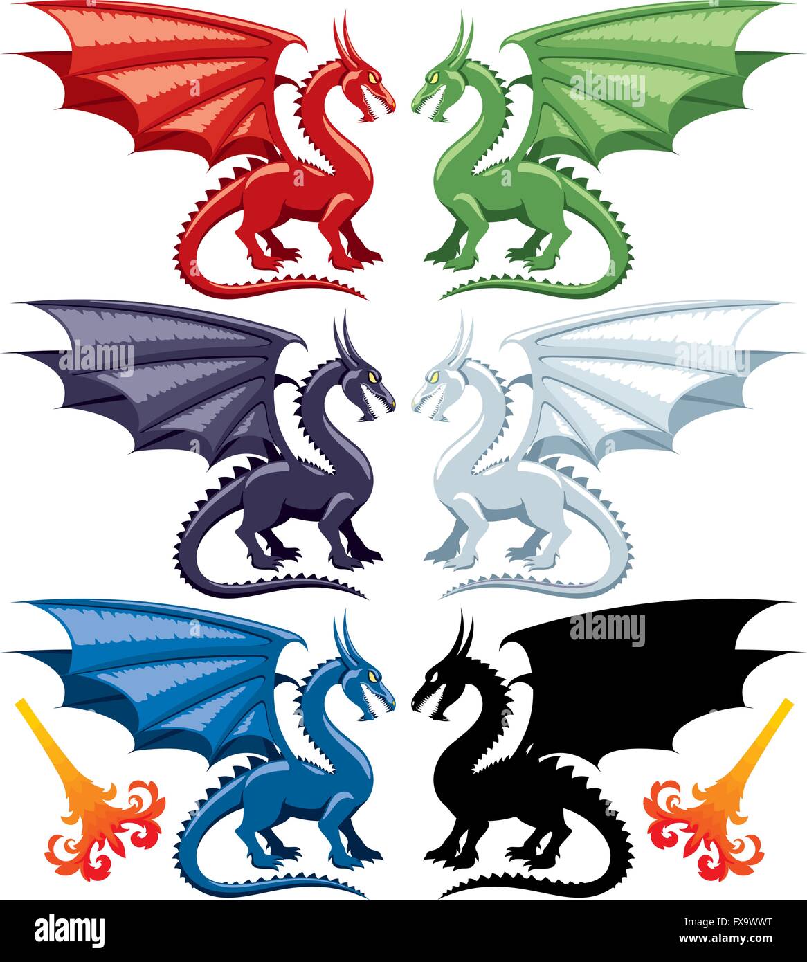 Set of dragons. Stylized flames are also included in case you want to ...