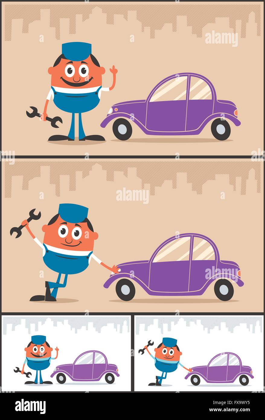 Cartoon illustration of auto mechanic in 4 versions. No transparency ...