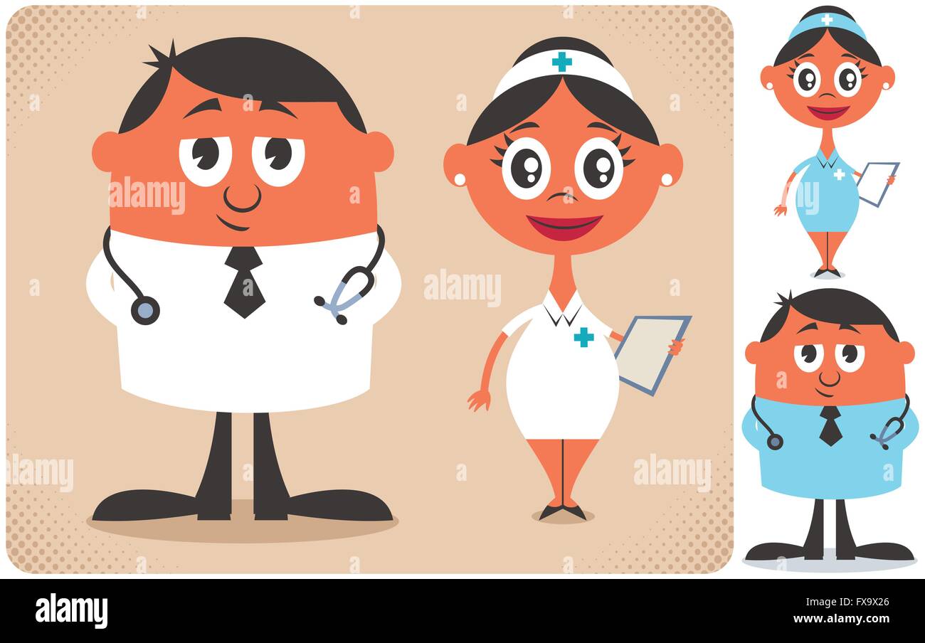 Illustration of cartoon doctor and nurse in 2 color versions. No ...