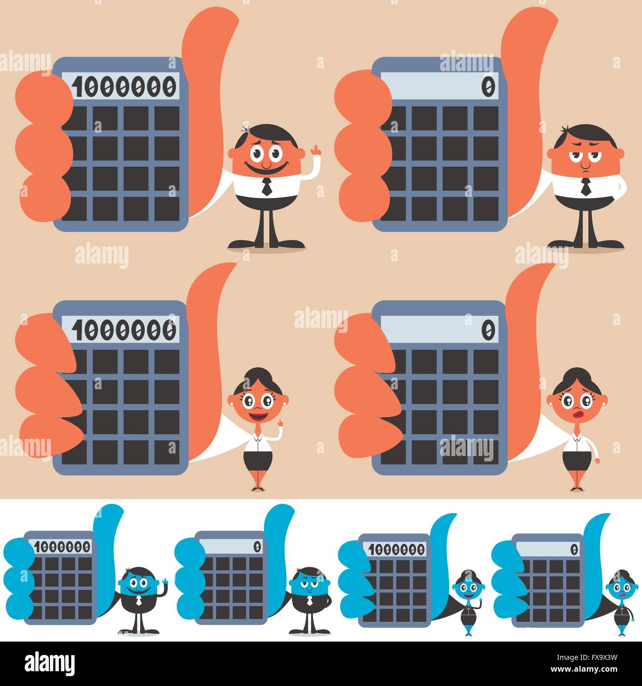 Cartoon character holding calculator. The illustration is in 4 versions ...