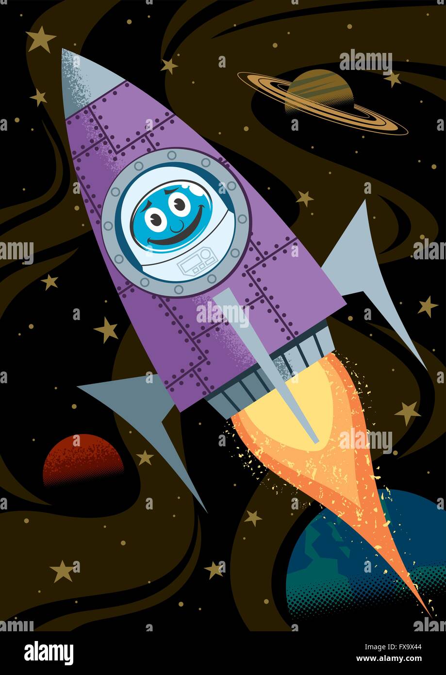 Cartoon illustration of rocket in space. No transparency and gradients ...