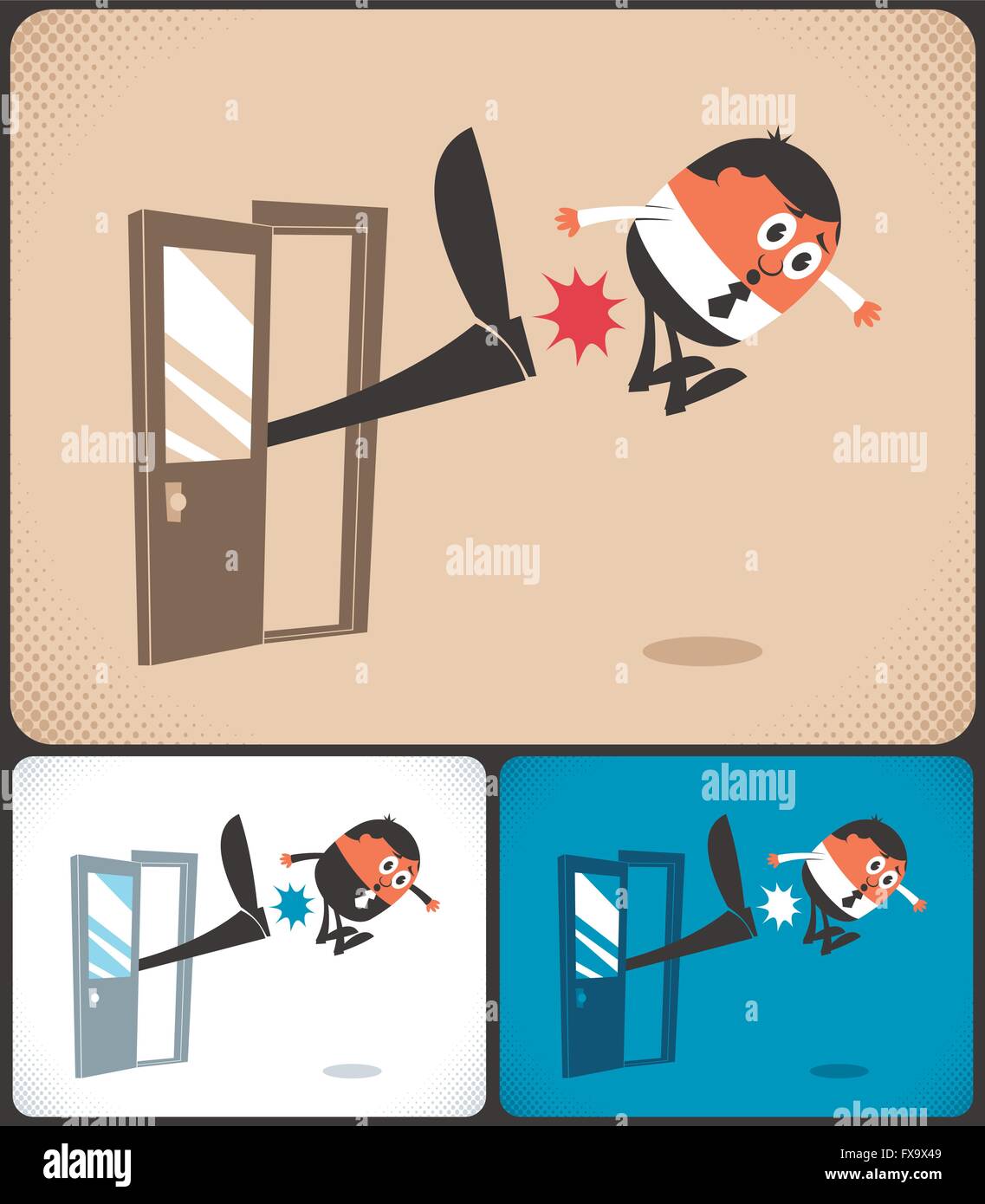 Man being kicked out. The illustration is in 3 color versions Stock ...