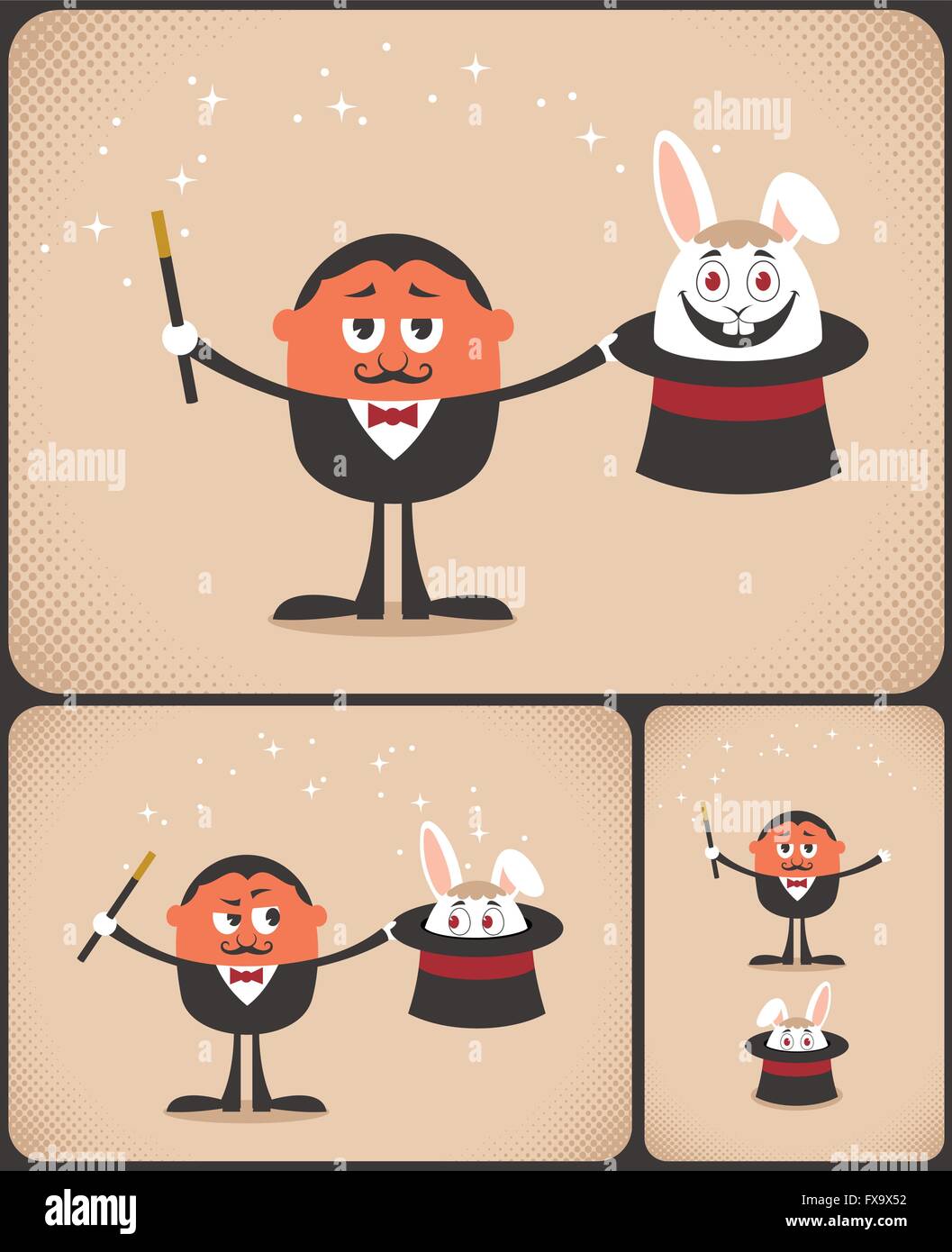 Magician pulls rabbit out of hat. The illustration is in 3 versions ...