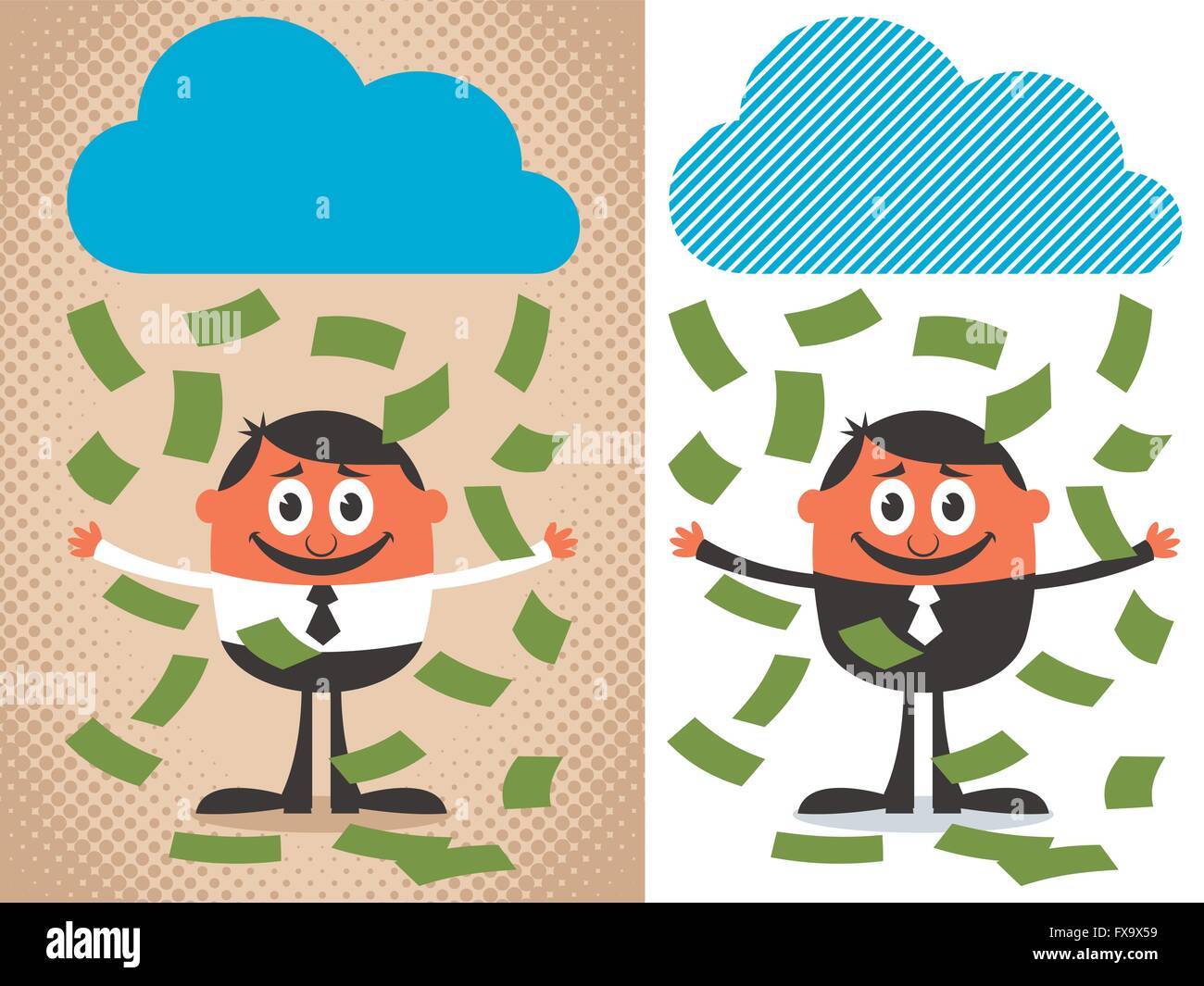 Money raining over cartoon character. The illustration is in 2 versions ...