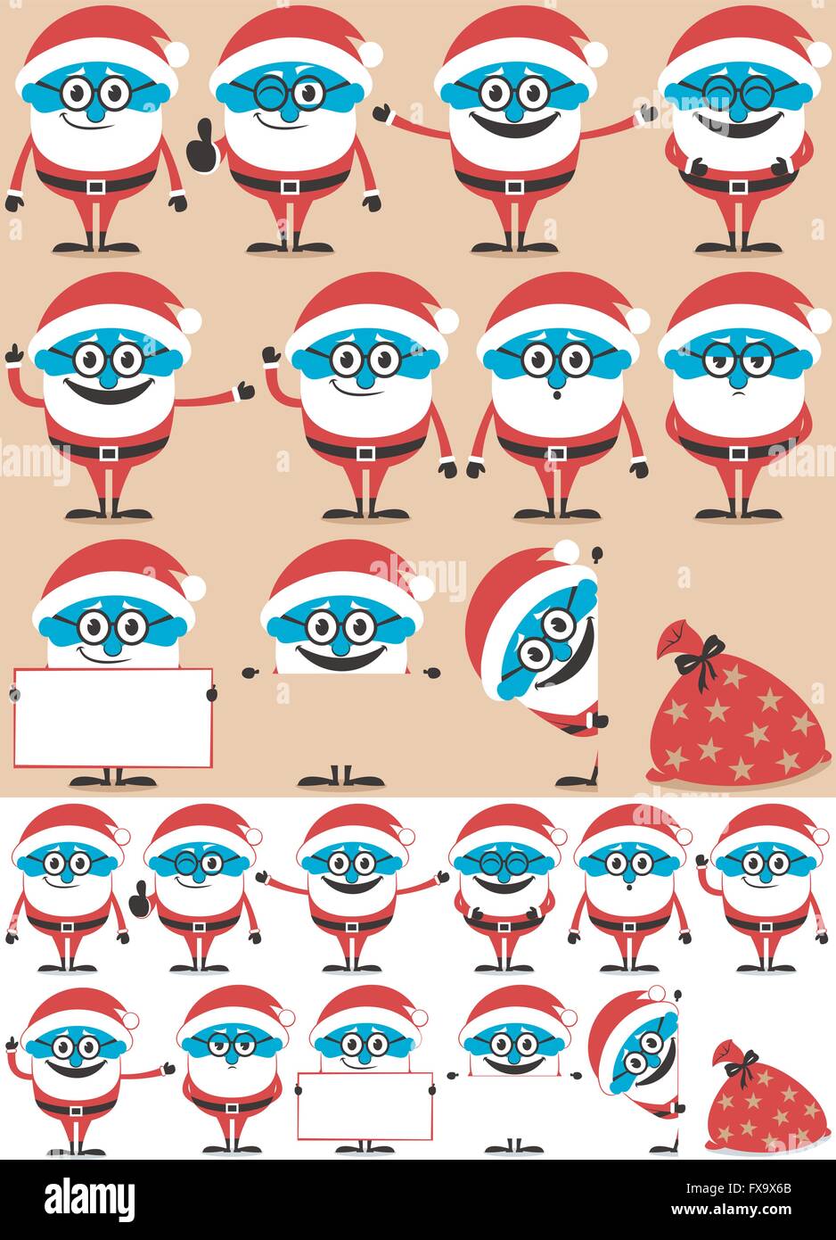 Cartoon Santa in 11 different poses and his sack. Below are the same ...