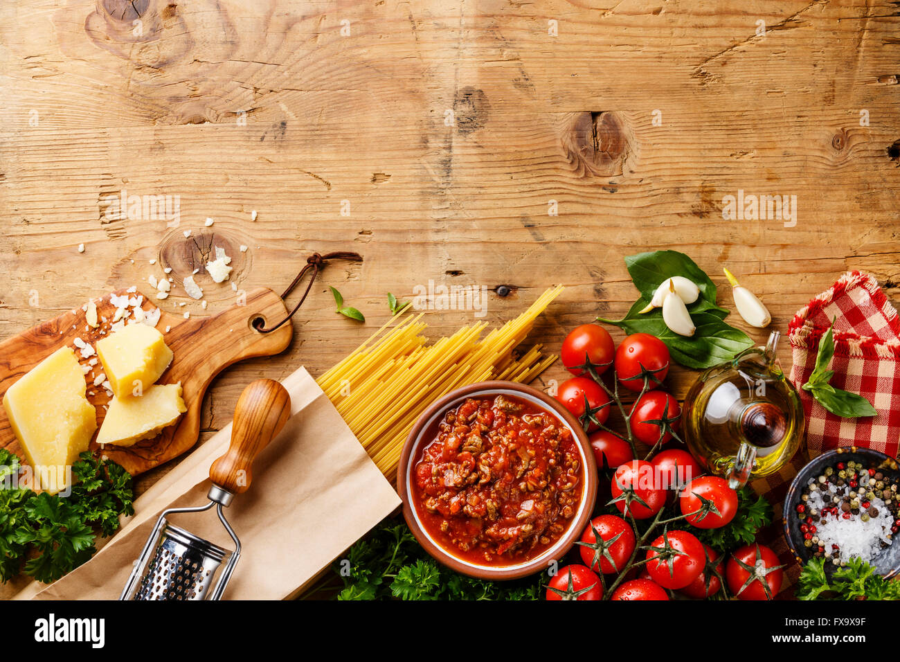 Italian food background with Spaghetti Bolognese ingredients Stock ...