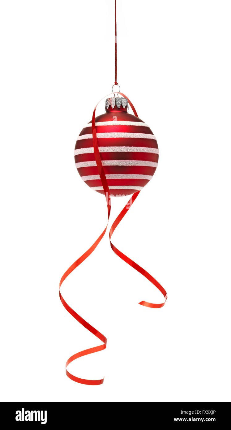 Red Christmas bauble hanging with ribbon Stock Photo - Alamy