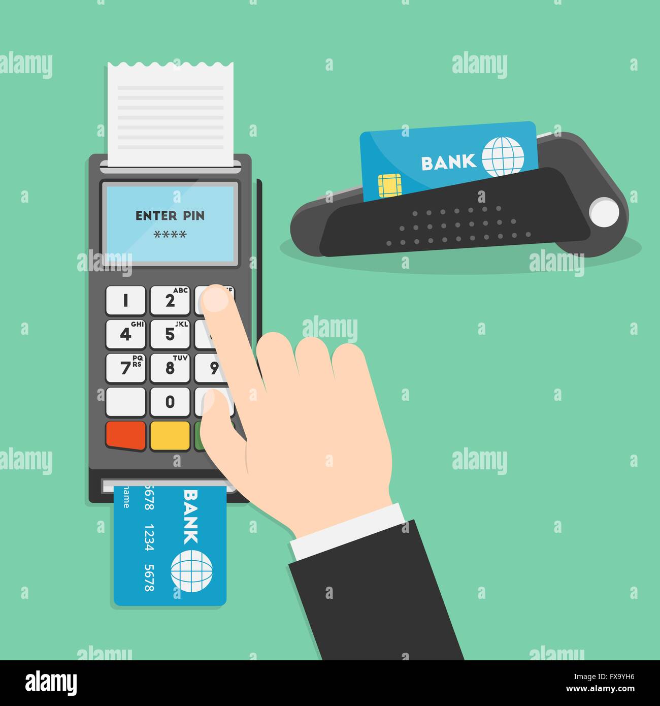 Vector illustration of hand and payment terminal. Point of sale ...