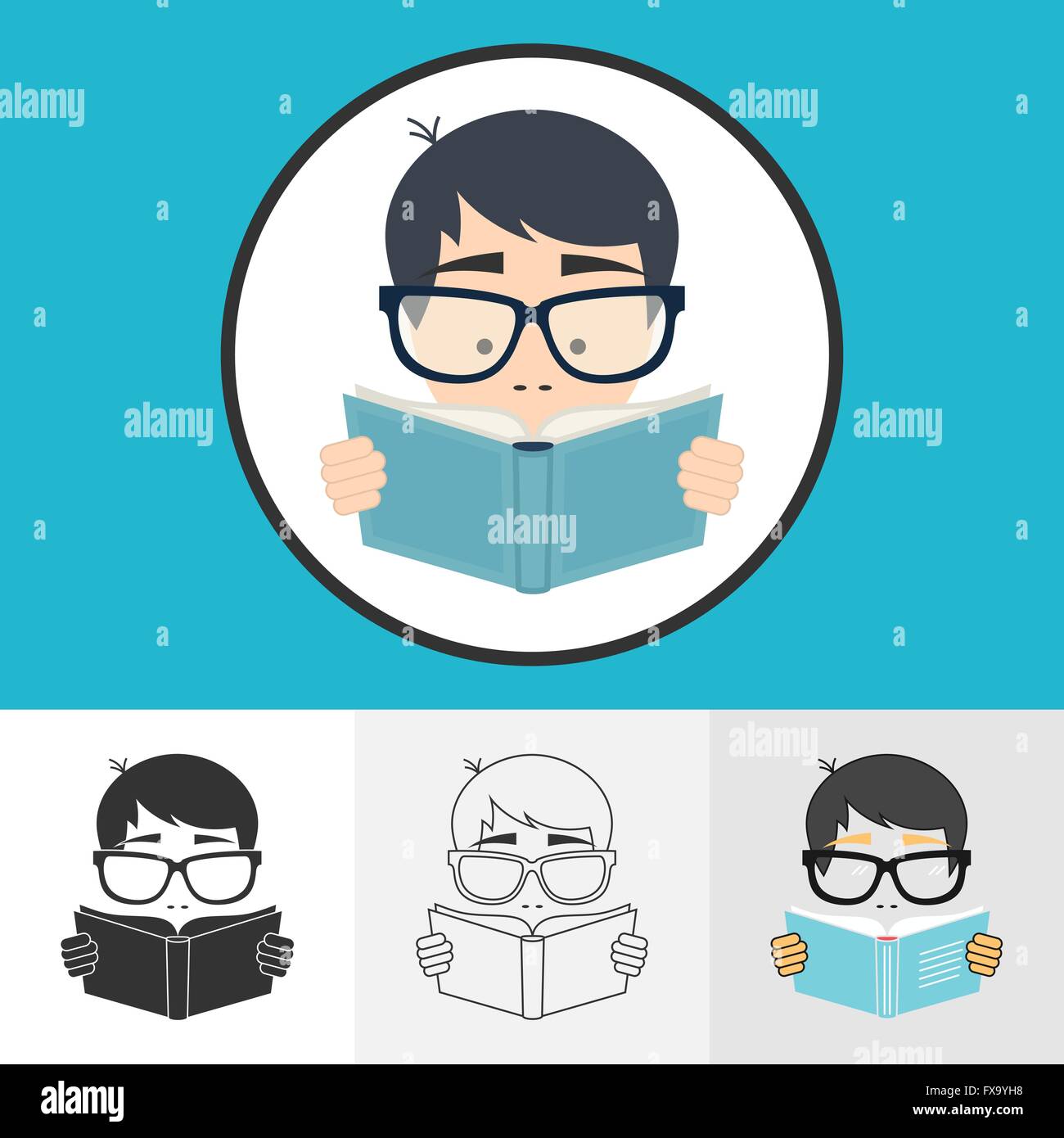 Vector illustration of school student reading book icons set for your ...