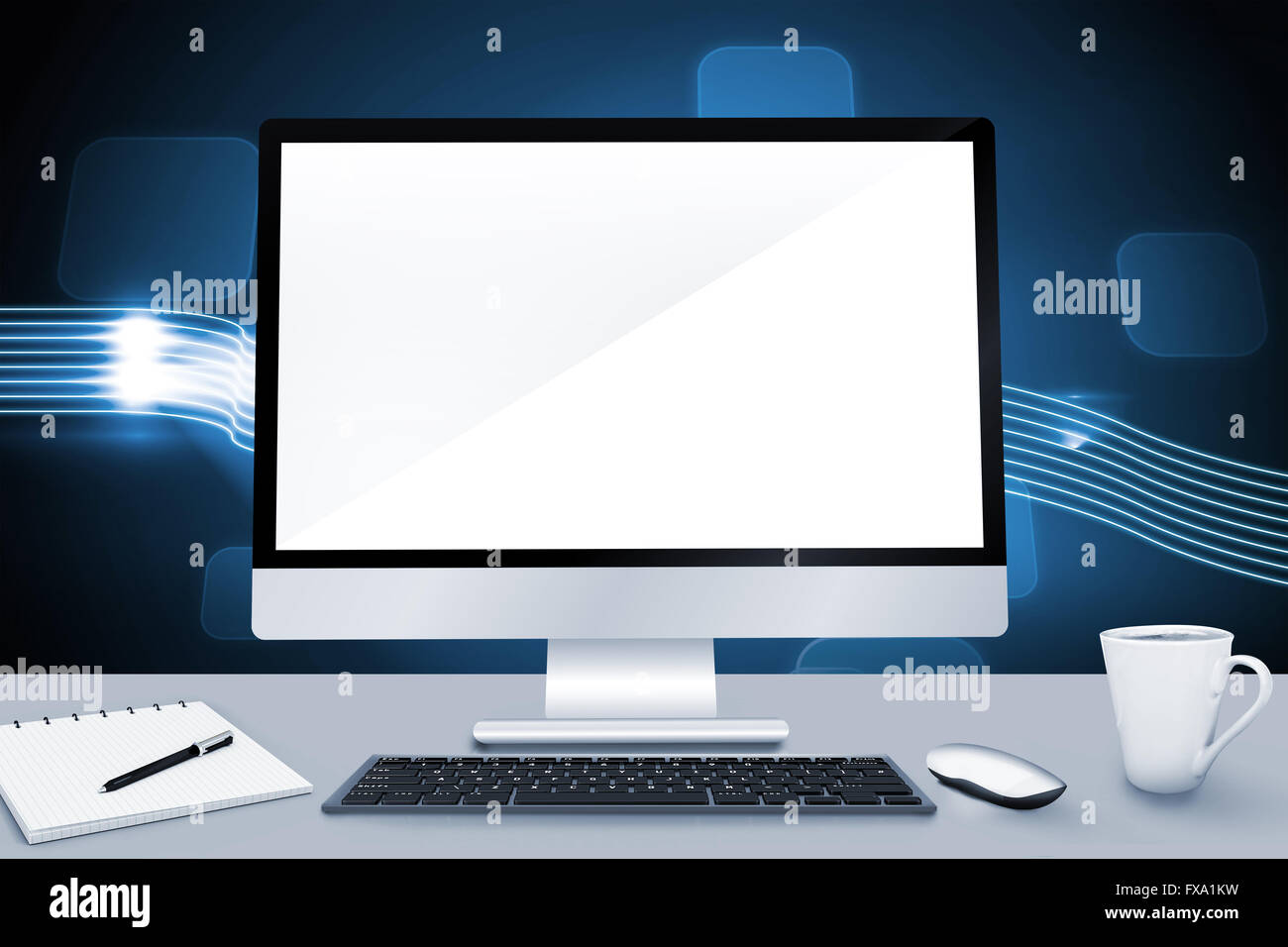 Composite image of image of a desk with computer Stock Photo - Alamy