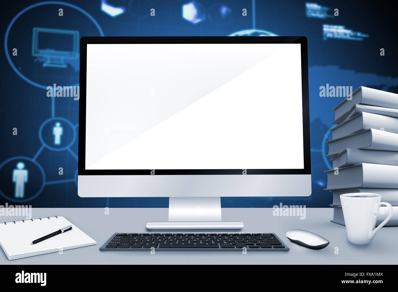 Composite image of image of a desk with computer Stock Photo - Alamy