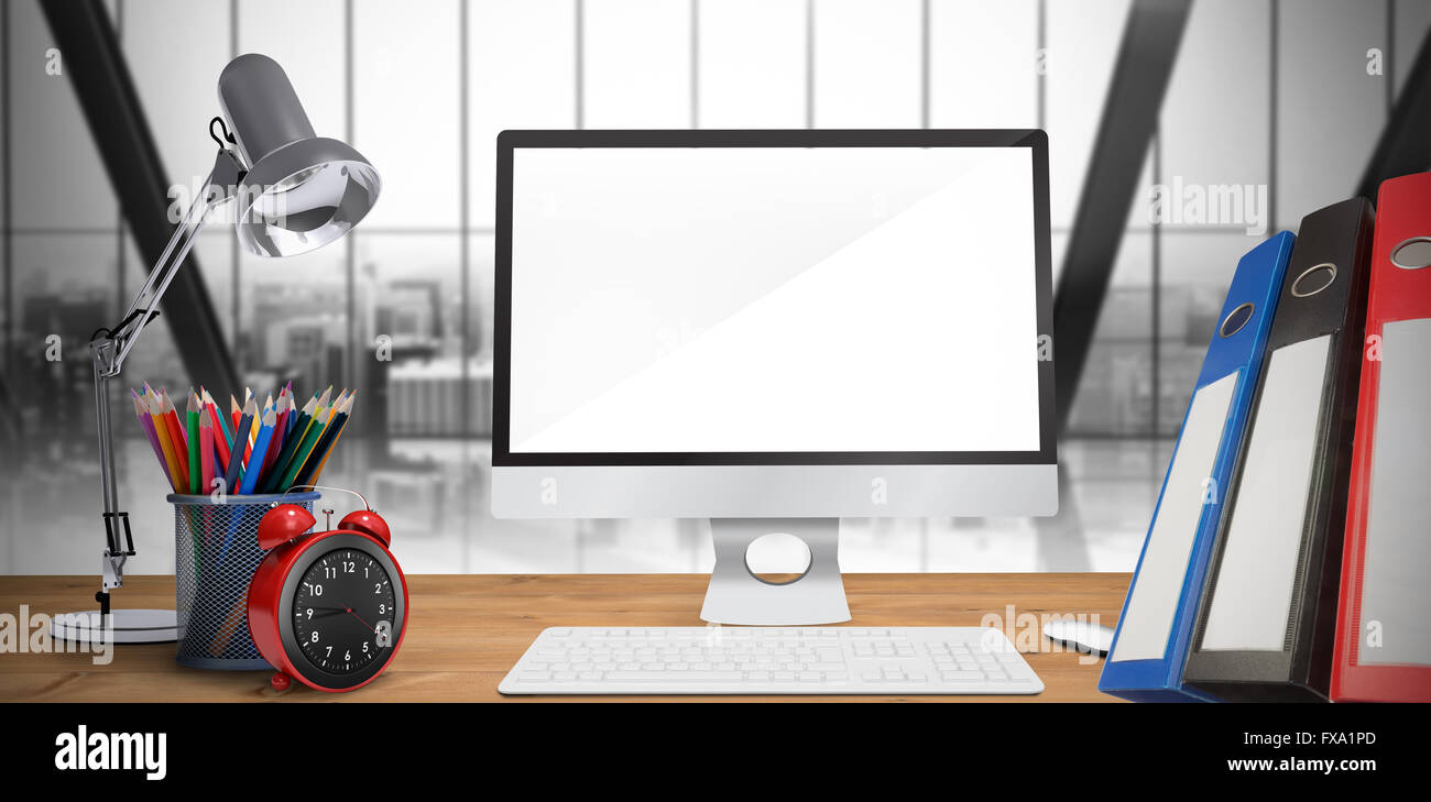 Composite image of image of a desk with computer Stock Photo - Alamy