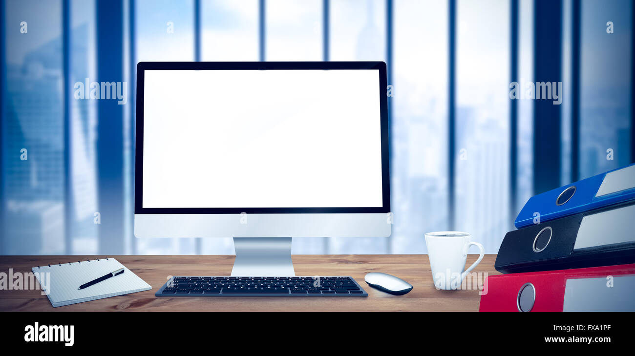 Composite image of image of a desk with computer Stock Photo - Alamy