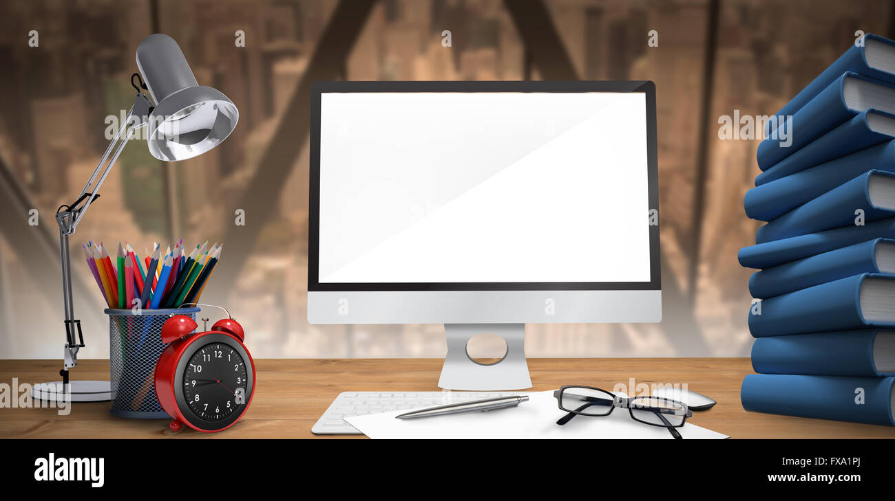 Composite image of image of a desk with computer Stock Photo - Alamy