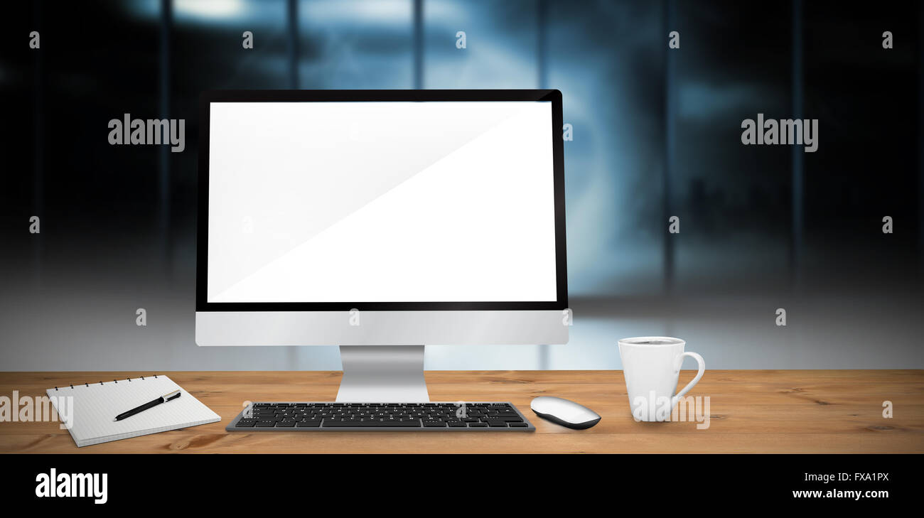 Composite image of image of a desk with computer Stock Photo - Alamy