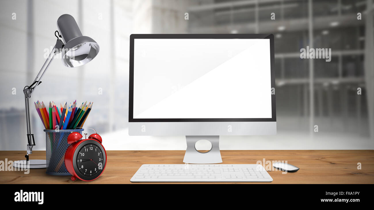 Composite image of image of a desk with computer Stock Photo - Alamy