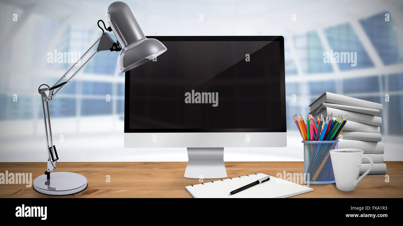 Composite image of image of a desk with computer Stock Photo - Alamy