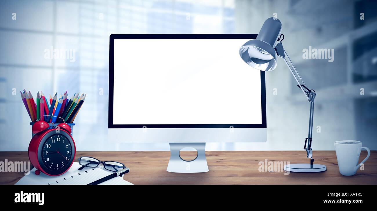 Composite image of image of a desk with computer Stock Photo - Alamy