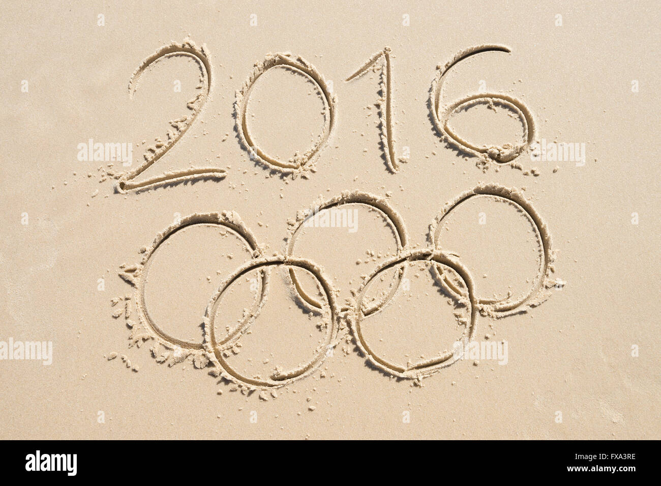 RIO DE JANEIRO - MARCH 20, 2015: 2016 message with Olympic rings drawn ...