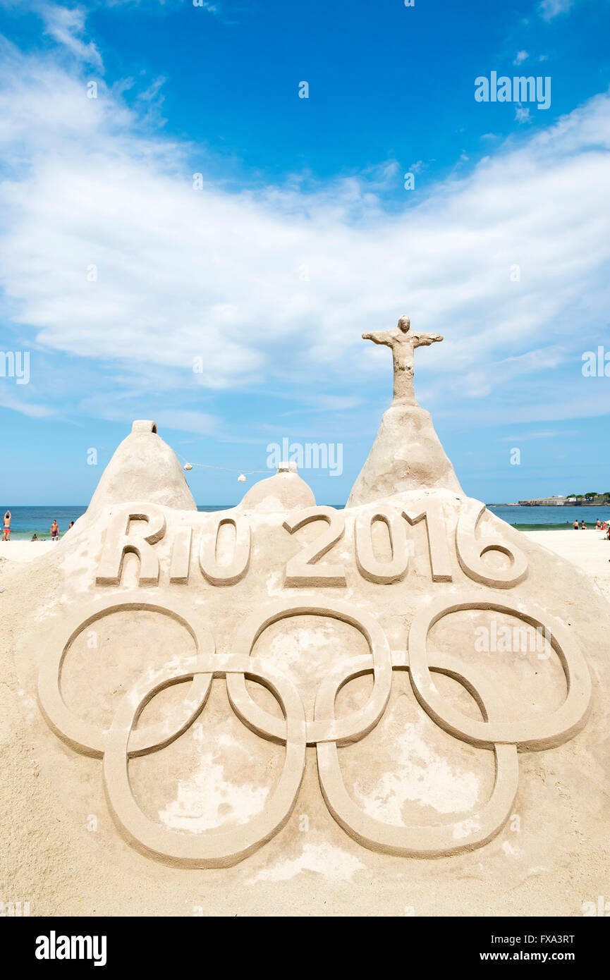 RIO DE JANEIRO - APRIL 4, 2016: Rio 2016 message made from sand with ...